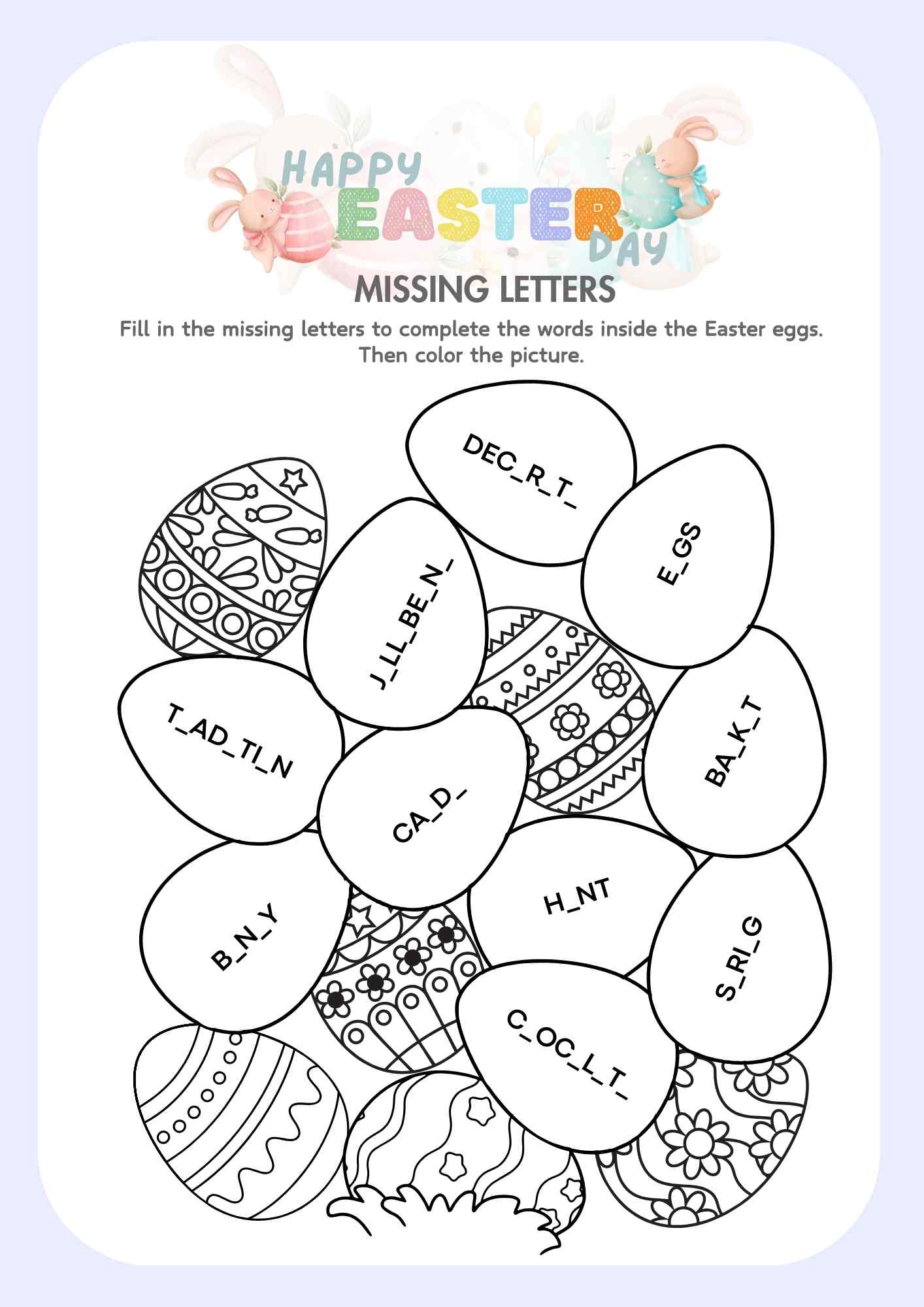 Easter Day Fill in the missing letters and color Easter eggs free printable pdf - Ezpzlearn.com